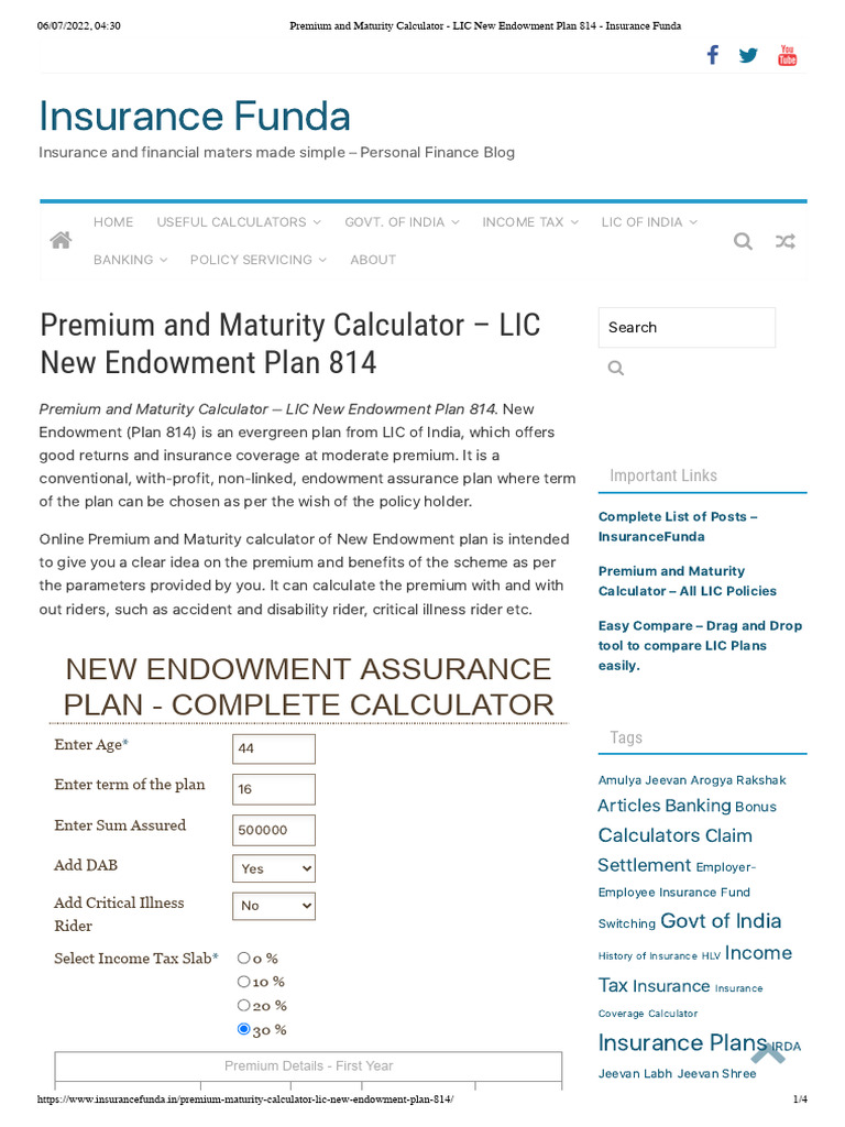 2.premium and Maturity Calculator - LIC New Endowment Plan 814 ...