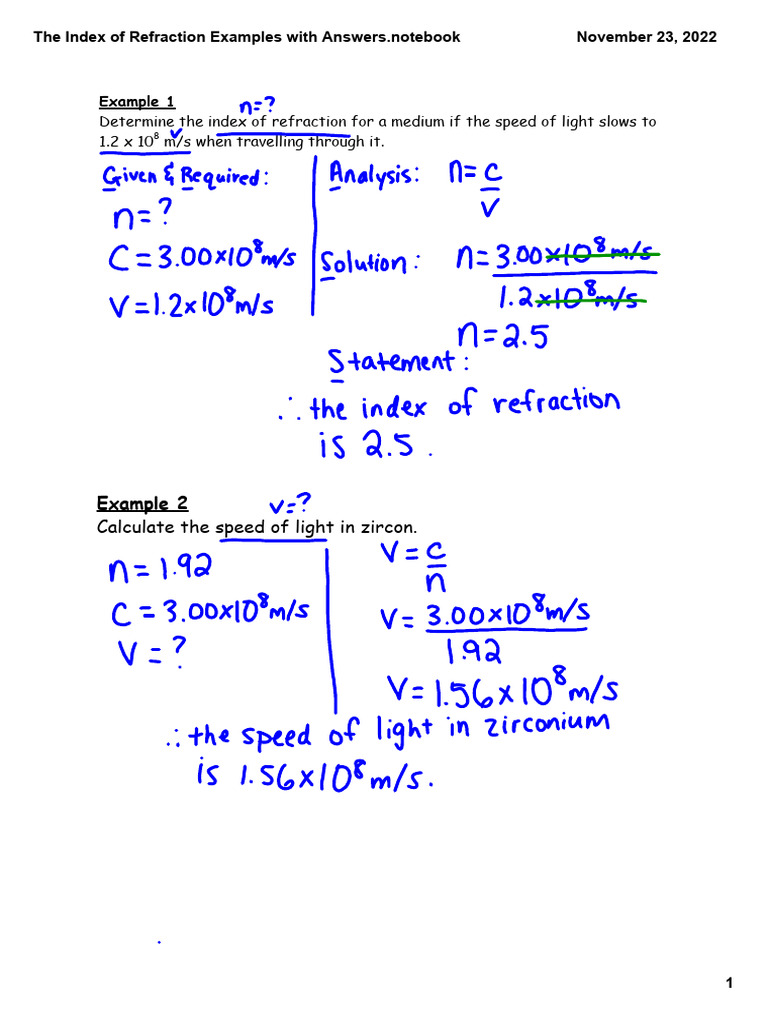 The Index of Refraction Examples With Answers | PDF