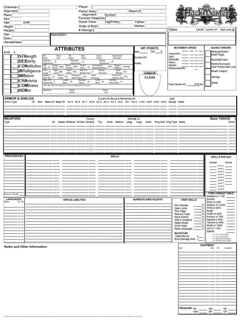 Hackmaster 4e Character Sheet v1.16 | PDF | Role Playing Games