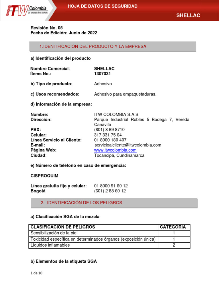 Hoja de Datos de Seguridad Shellac | PDF | Agua | Toxicidad
