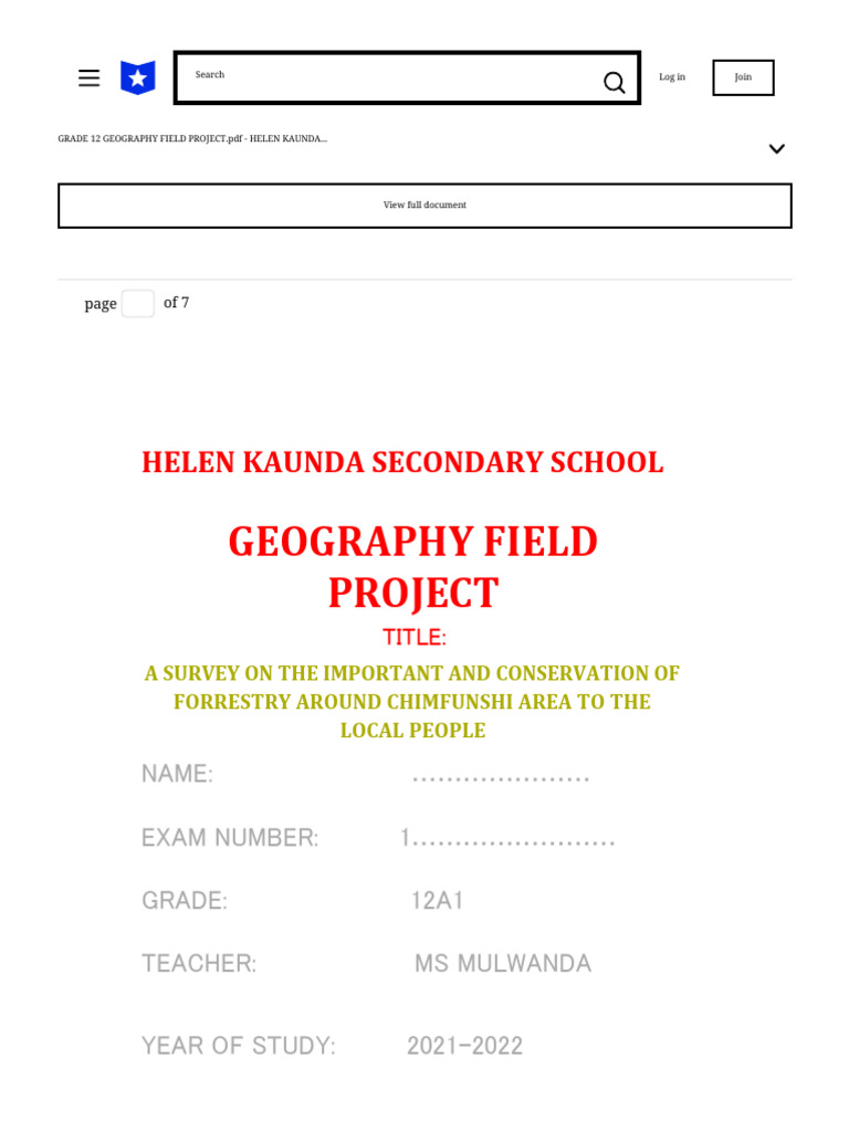 Geography Field Project: Helen Kaunda Secondary School | PDF