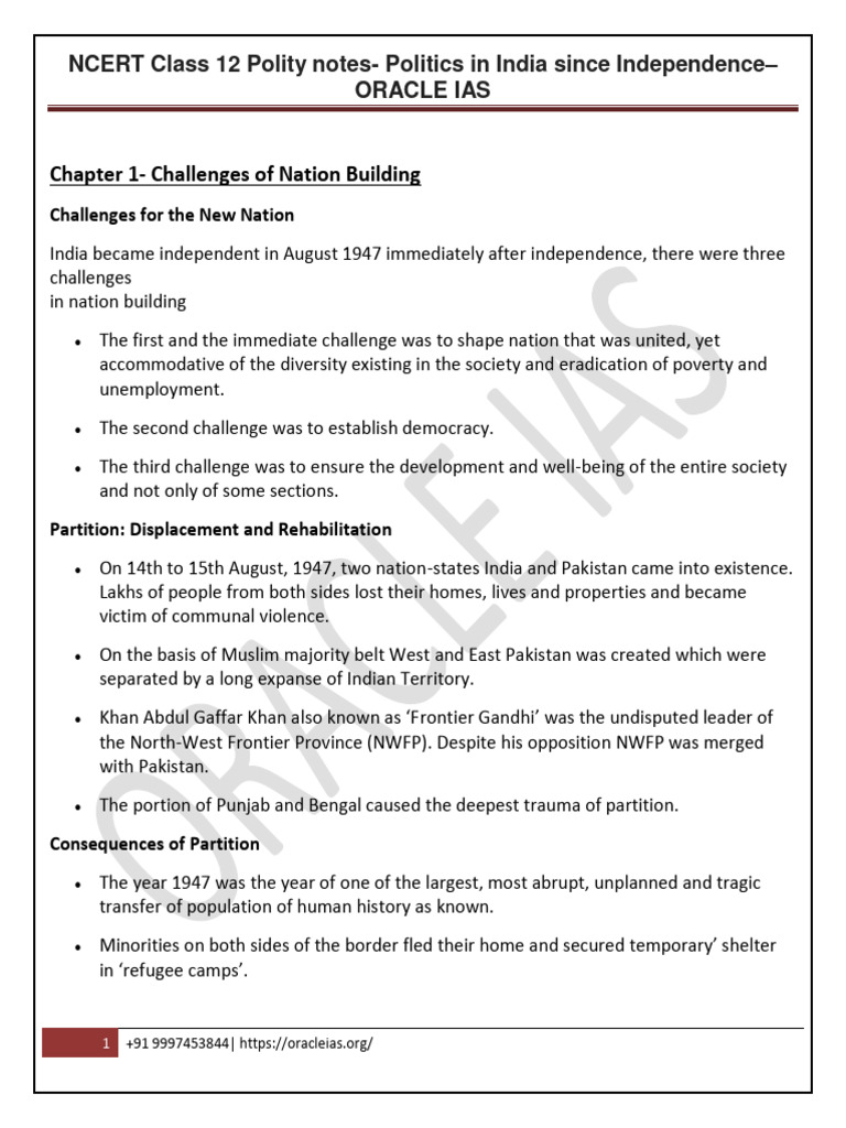 NCERT - Class12 - Polity - Notes-Politics in India Since Independence ...