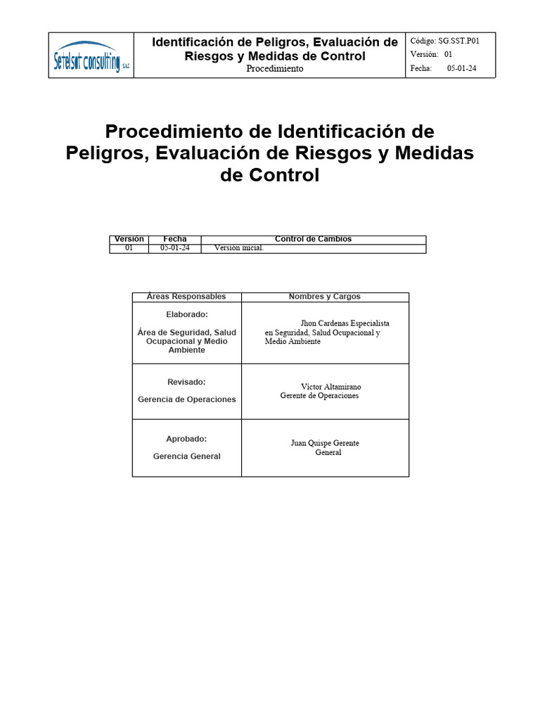SG.sst.P01 Procedimiento de Identificacion de Peligros y Evaluacion de Riesgos v01 | Descargar ...