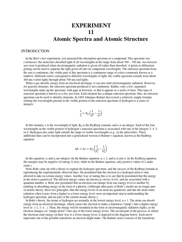 EXPERIMENT 11 Atomic Spectra and Atomic Structure | PDF | Emission Spectrum | Energy Level
