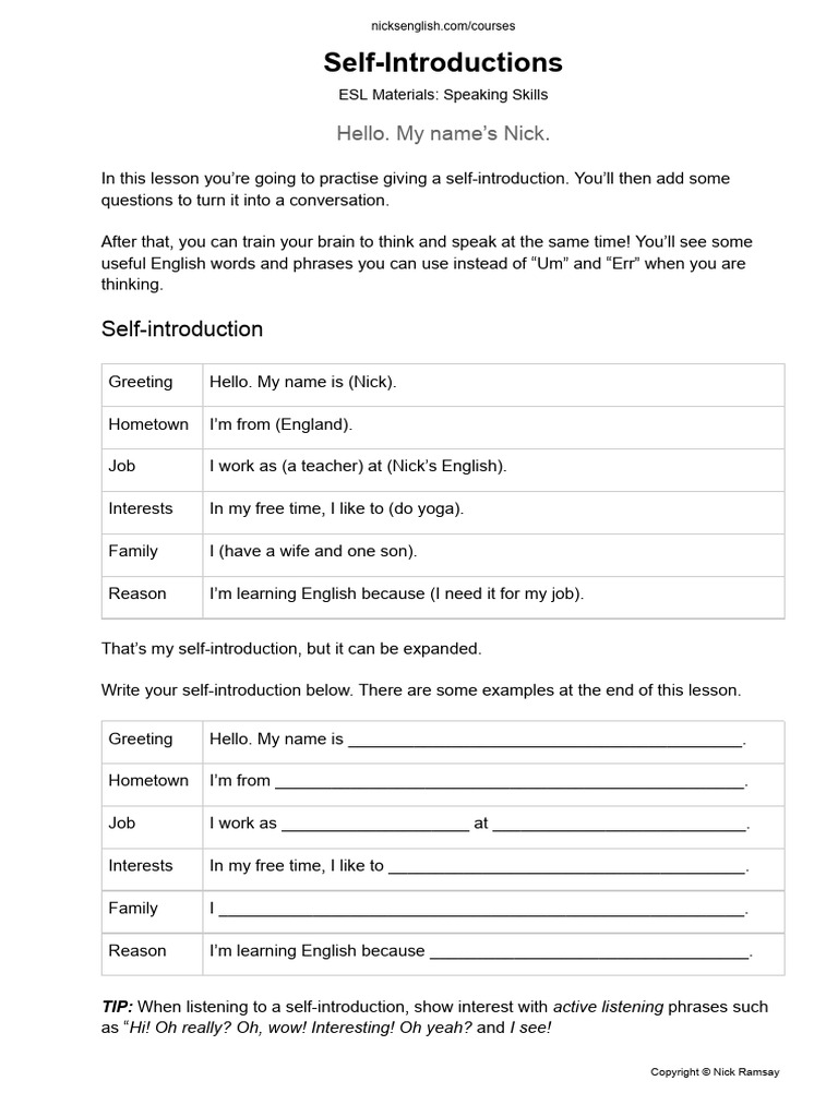 English Speaking Skills Self Introductions | PDF | Career & Growth | Self-Improvement