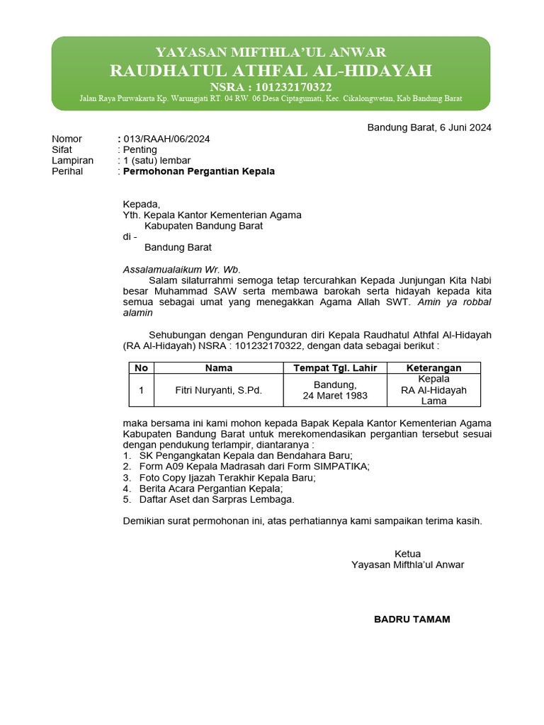 Pergantian Kepala RA Al-Hidayah | PDF