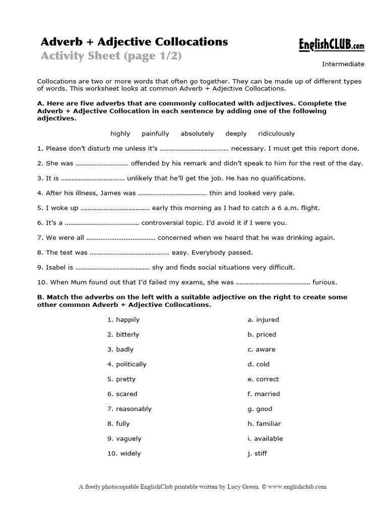 Adverb Adjective Collocations Activity | PDF | Adverb | Adjective