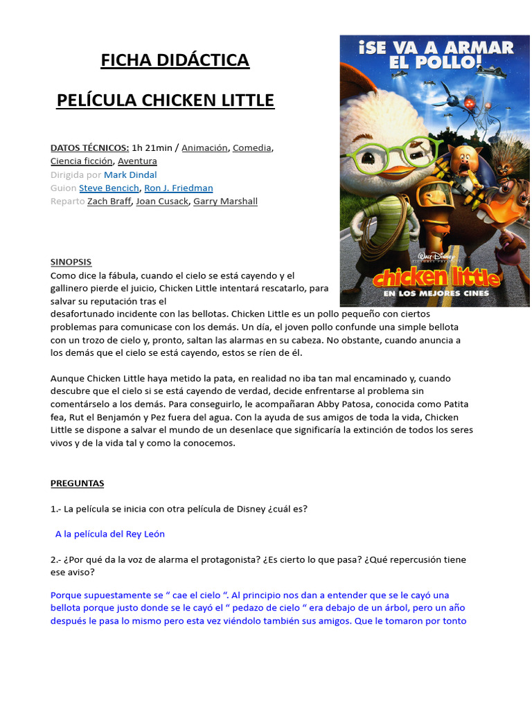 Ficha de Peliìcula Chicken Little Word | PDF | Deportes y actividades ...