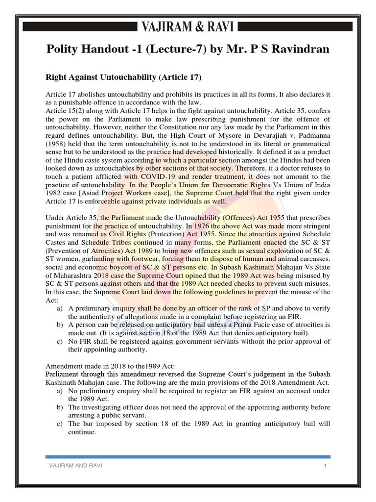 (Class-7) Right Against Untouchability (Article 17) | PDF | Gambling | Bail