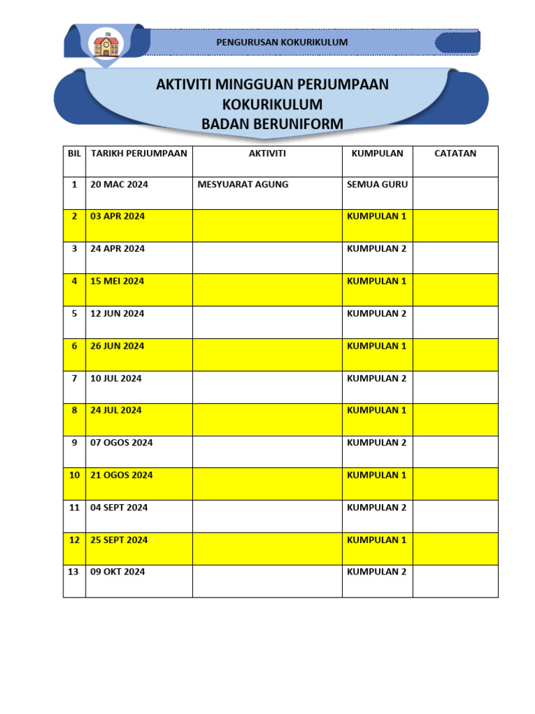 Template Rancangan Aktiviti Mingguan Badan Beruniform | PDF