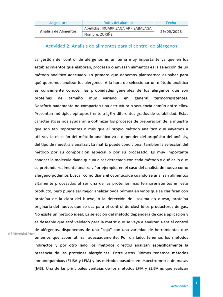 ACT2 Analisis de Los Alimentos | PDF | Alimentos | Proteínas