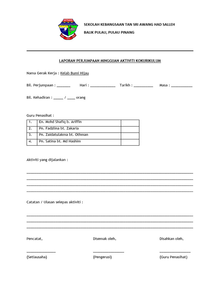 Laporan Perjumpaan Mingguan Aktiviti Kokurikulum | PDF