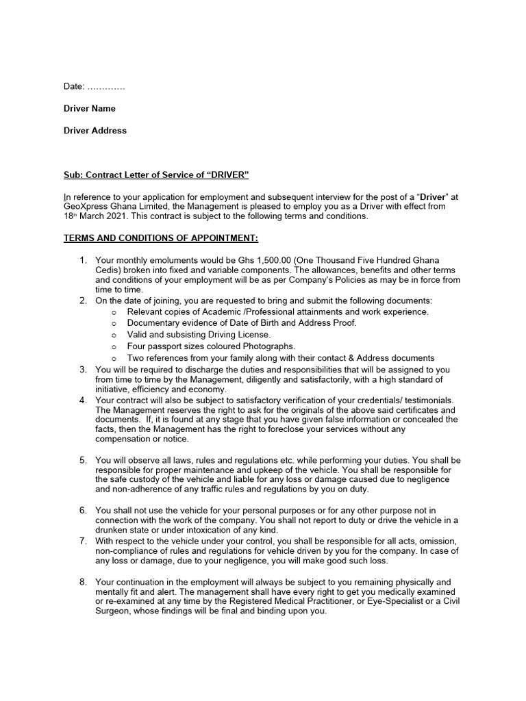 Driver Appointment Contract Letter | PDF | Negligence | Justice