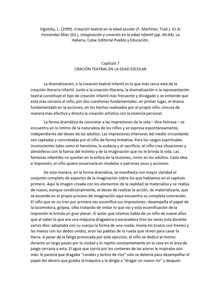 VIGOTSKY 1999 Creaci N Teatral en La Edad Escolar | PDF | Teatro | Educación de la primera infancia