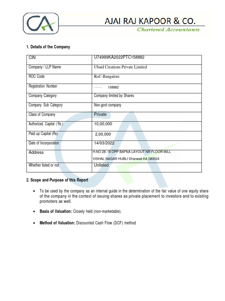 DCF Valuation Report for Ubaid Creations | PDF | Discounted Cash Flow ...