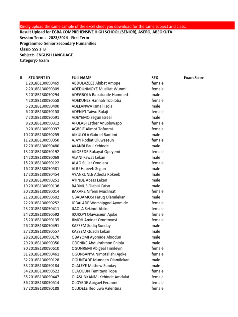 2023 - 2024 - First Term - Sss 3 B - English Language - Exam - Egba Comprehensive High School ...