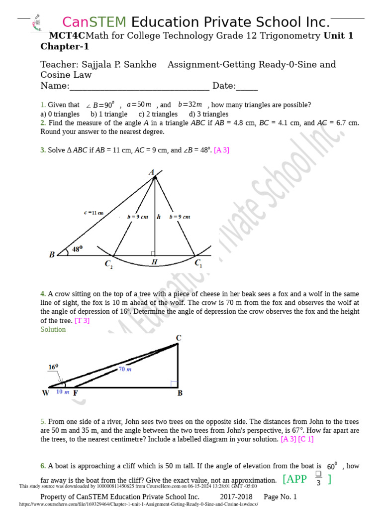 Chapter 1 Unit 1 Assignment Geting Ready 0 Sine and Cosine Law | Download Free PDF | Triangle ...