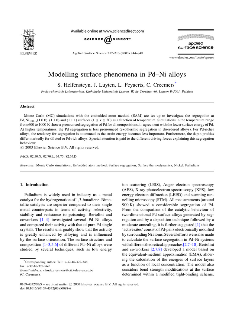 2003_HELFENSTEYN_ApplSurfSci_Modelling surface Phenomena in Pd-Ni alloys | Download Free PDF ...