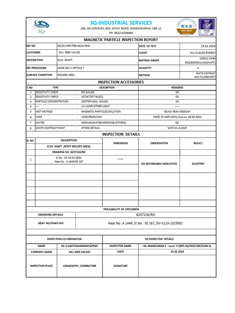 3Q-Industrial Services: Magnetic Particle Inspection Report | PDF ...