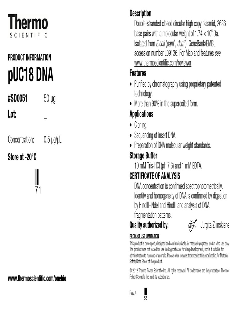 pUC18 DNA: #SD0051 Lot | Download Free PDF | Dna | Molecular Cloning