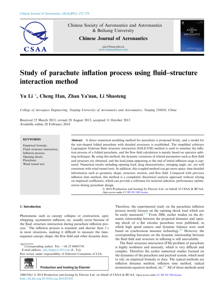 Study of parachute inflation process using fluidâ€“structure interaction method | Download Free ...
