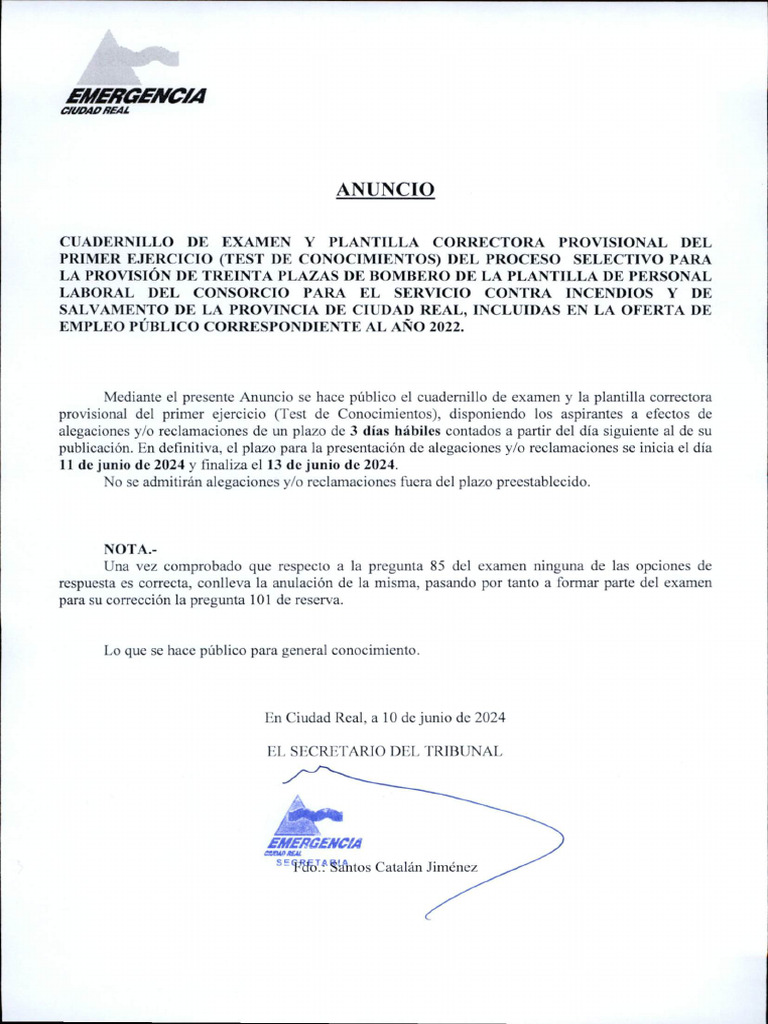 Anuncio Publicacion Cuadernillo y Plantilla de Respuestas Provisional Primer Ejercicio | PDF