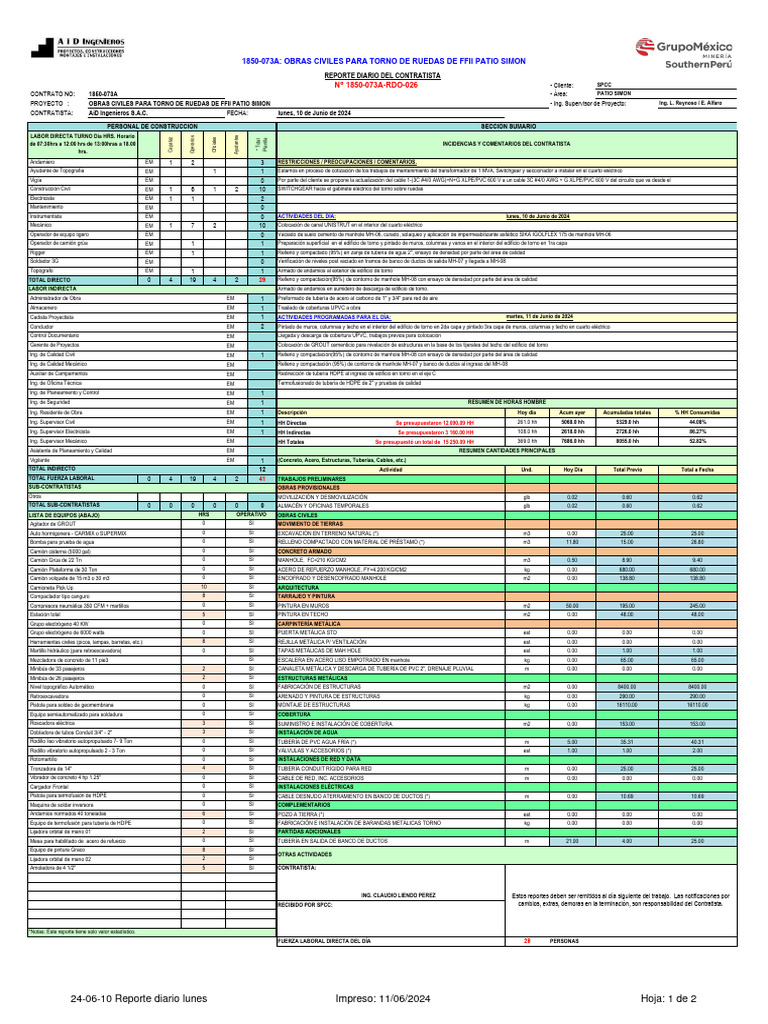 24-06-10 Reporte Diario Lunes | PDF | Materiales | Ingeniería de Edificación