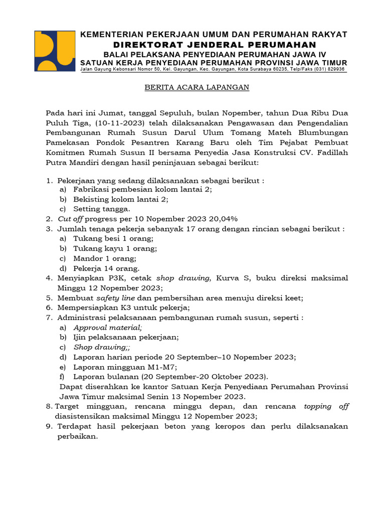BA Lapangan Rumah PP Susun Karang Baru (10!11!2023) | PDF