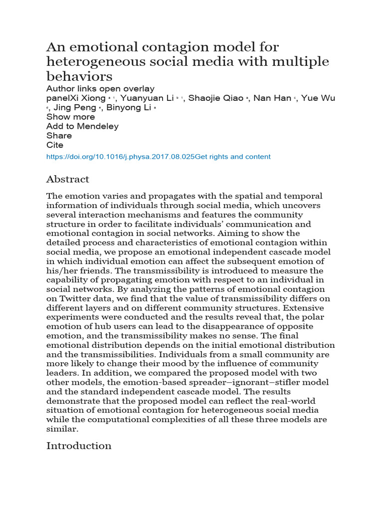 An Emotional Contagion Model For Heterogeneous Social Media With Multiple Behaviors Pdf