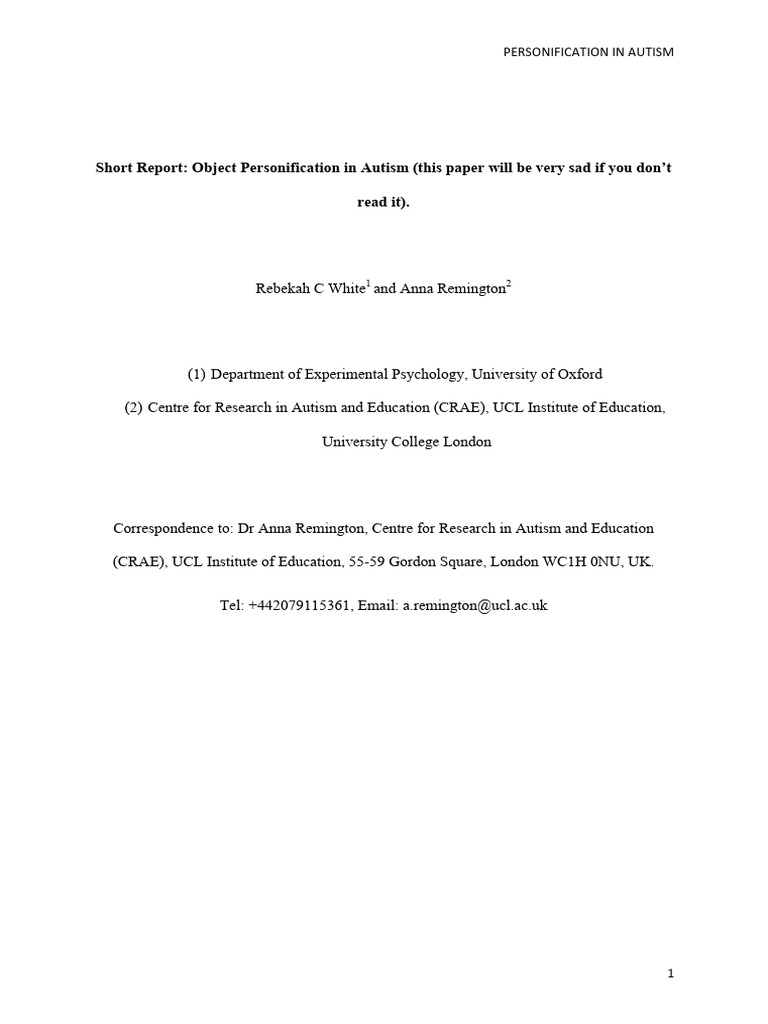 Personification in Autism | PDF | Autism Spectrum | Anthropomorphism