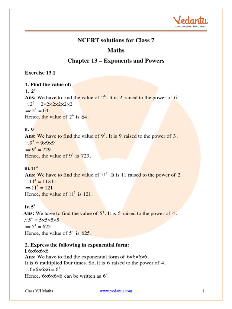 NCERT Solutions for Class 7 Maths Chapter 13 Exponents and Powers ...