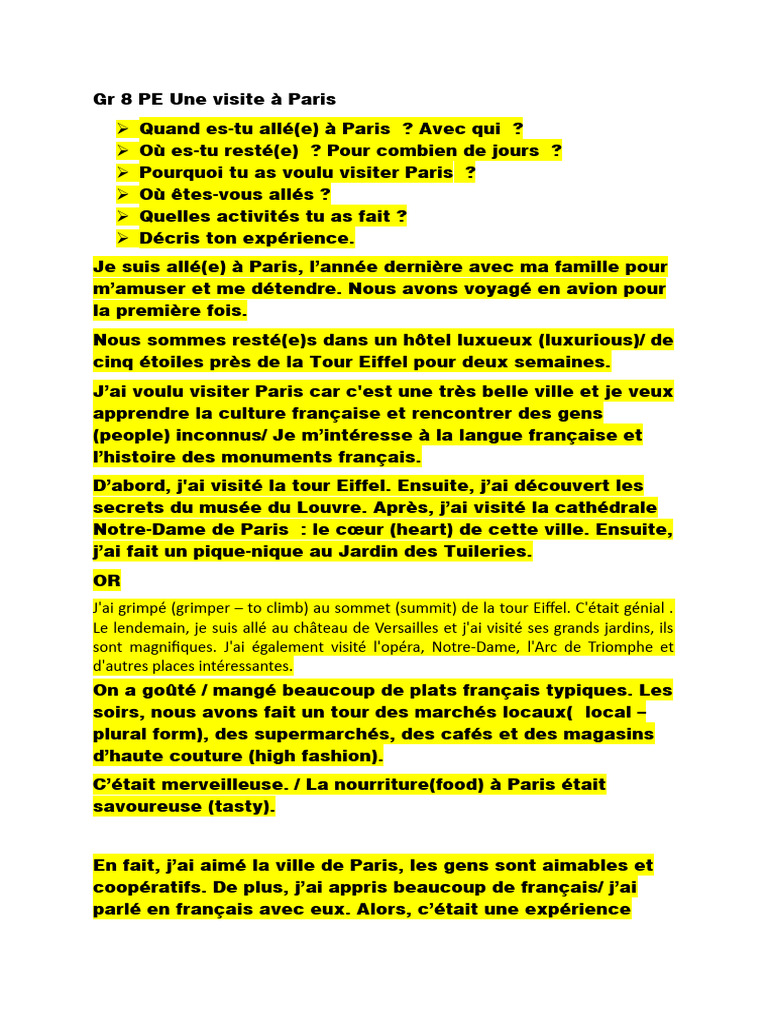 French Grade 8 Une Visite À Paris Essay | PDF | Paris