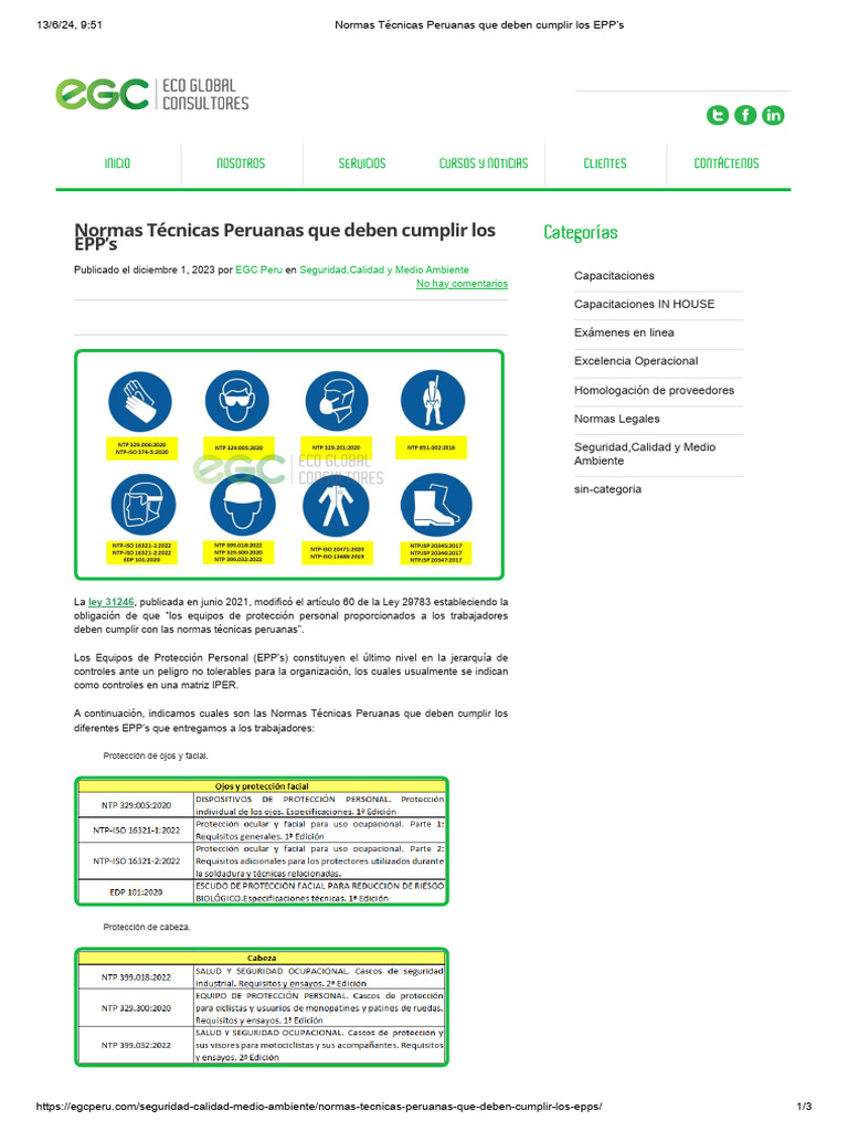 Normas Técnicas Peruanas Que Deben Cumplir Los EPP's | PDF