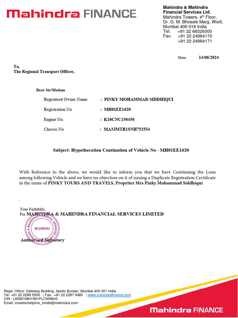 Mahindra Finance NOC for Vehicle Hypothecation | PDF
