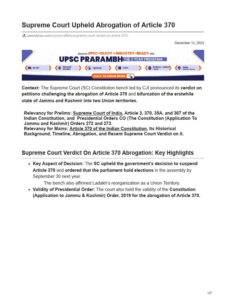 Supreme Court Upheld Abrogation of Article 370 | PDF | Government | Political Charters