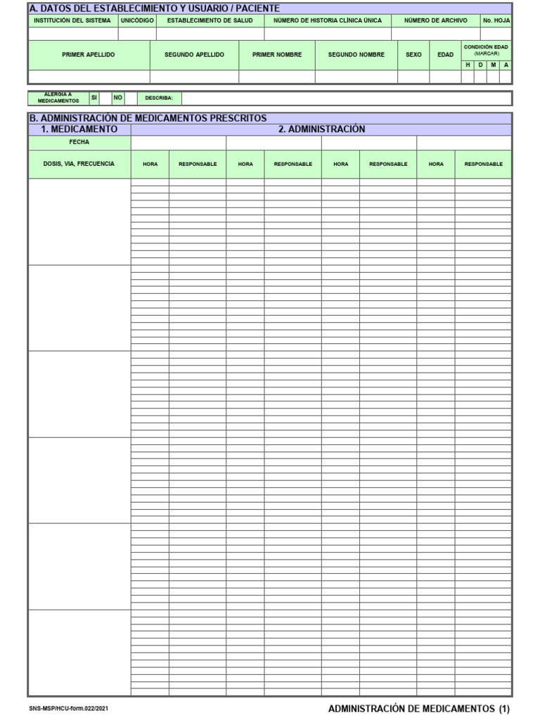 SNS-MSP-HCU-form-022-administracion de Medicamentos | PDF