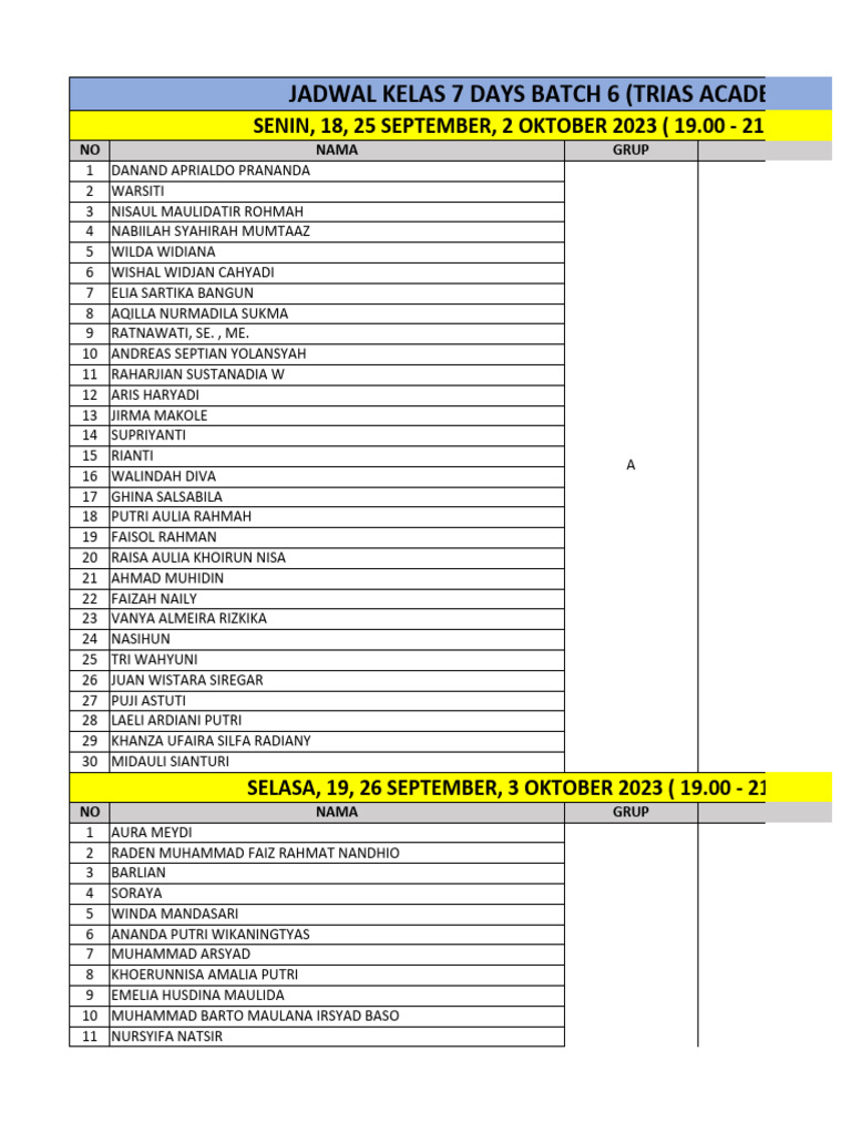 Jadwal Kelas 7 Days Batch 6 Day 1 | PDF | Agama & Spiritualitas