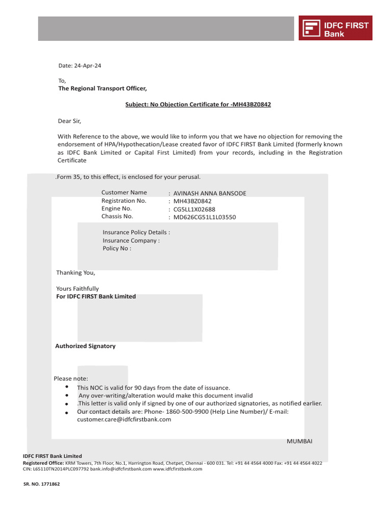 IDFC Settlement Letter With Form No 35 | PDF | Lease | Civil Law (Legal ...