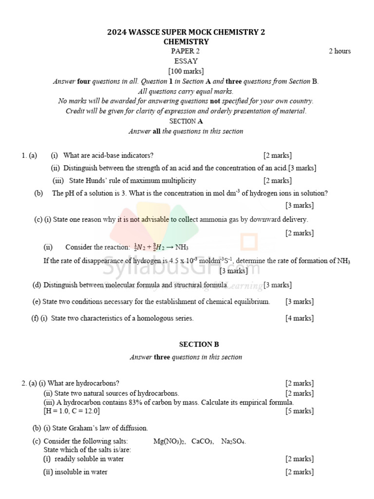 2024 WASSCE Chemistry Super Mock Paper 2 | PDF | Chemical Equilibrium ...