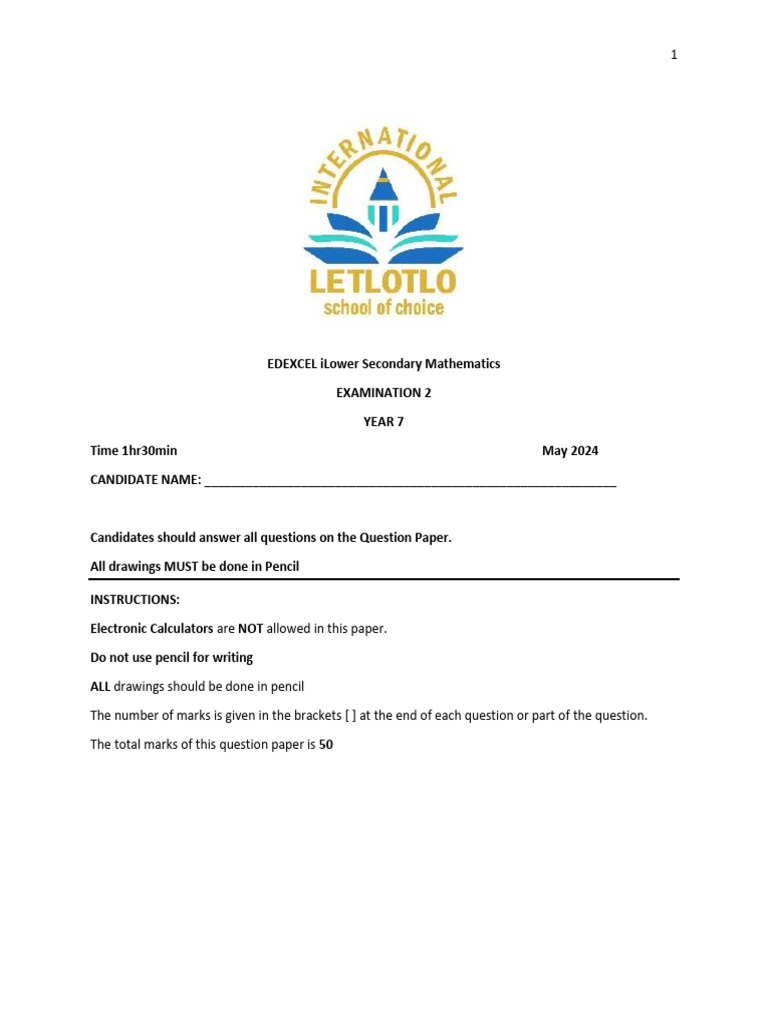 YEAR 7 Maths EXAMINATION 2 | PDF