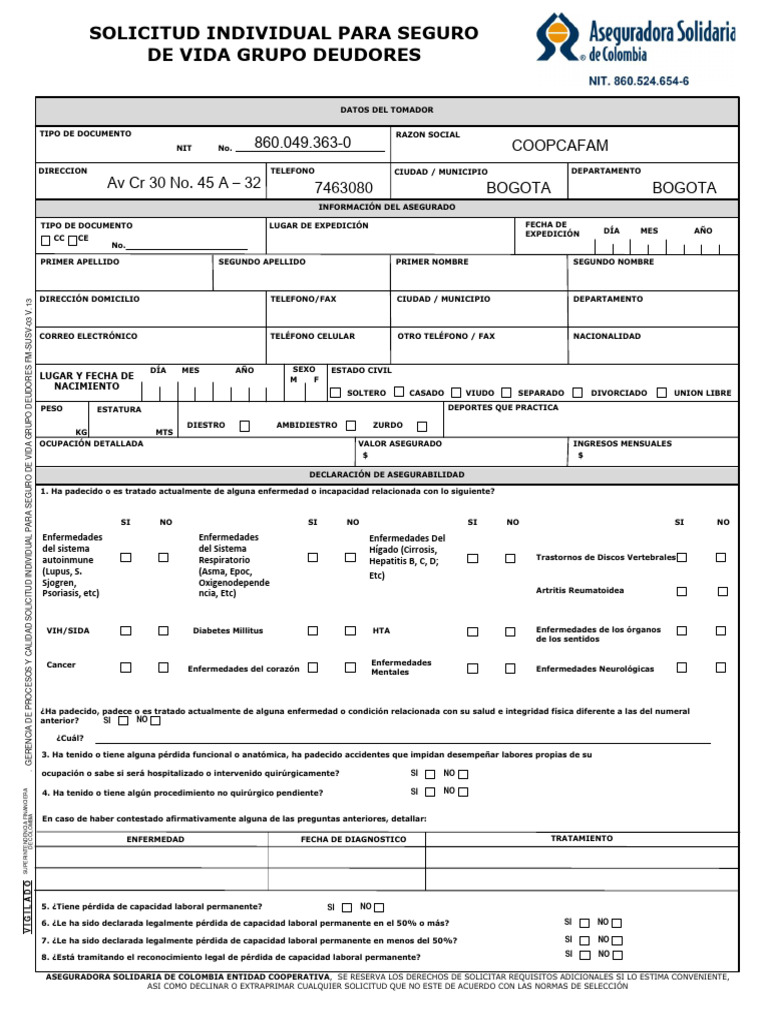 Fm-susv-3 Solicitud Individual Para Seguros de Vida Grupo Deudores (1) | PDF | Póliza de seguros ...