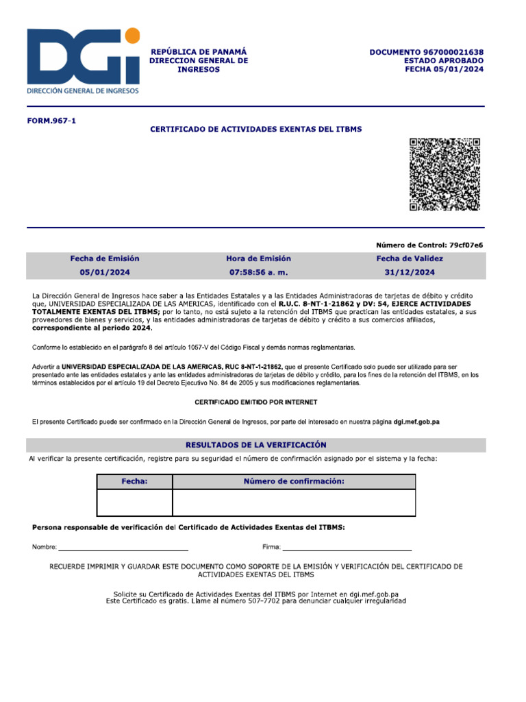 Certificado de Actividades Exentas Del Itbms | PDF