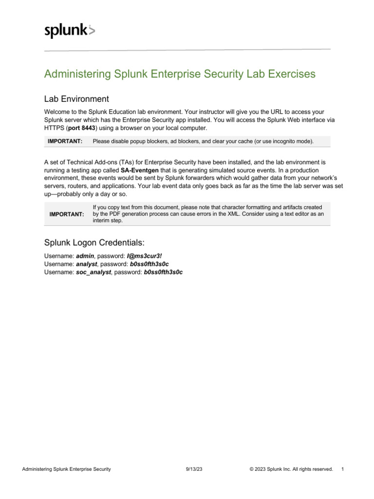 Splunk ES Admin Lab Guide | PDF | World Wide Web | Internet & Web