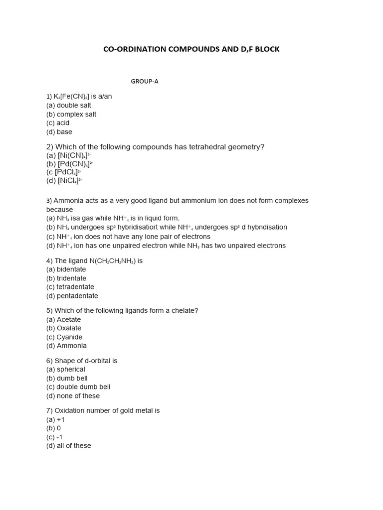 CO-ORDINATION AND D,F BLOCK | PDF | Transition Metals | Coordination ...