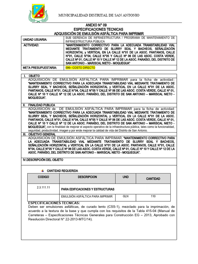 Especificaciones - Embulsion para Imprimar | PDF | Hogar, jardinería y bricolaje