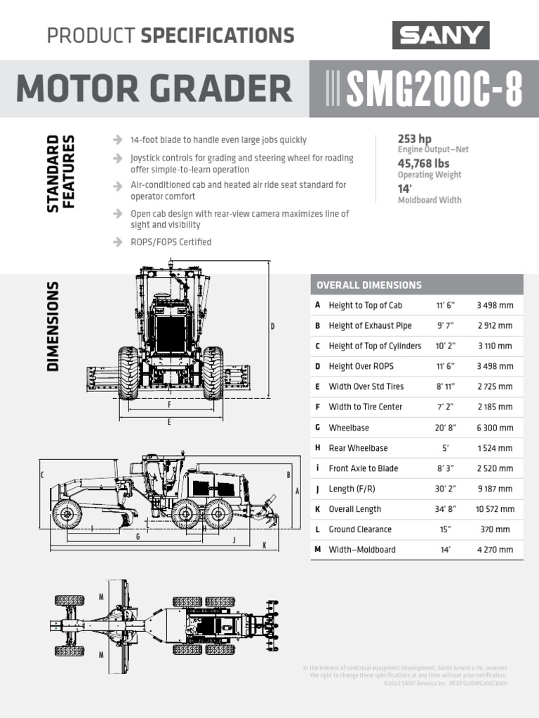 SANY SMG200C-8 Motor Grader Specs | PDF | Truck | Engines