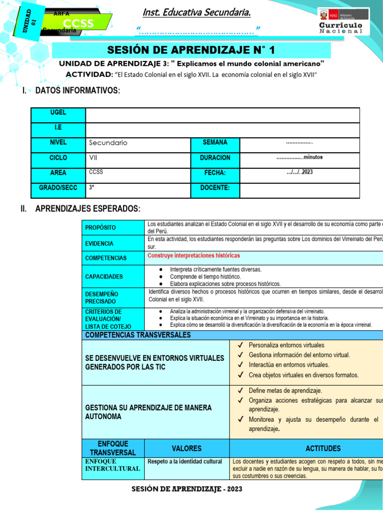 Sesion CCSS 3° Sec-Semana 01 Uni 3 | PDF | Nueva españa | Perú