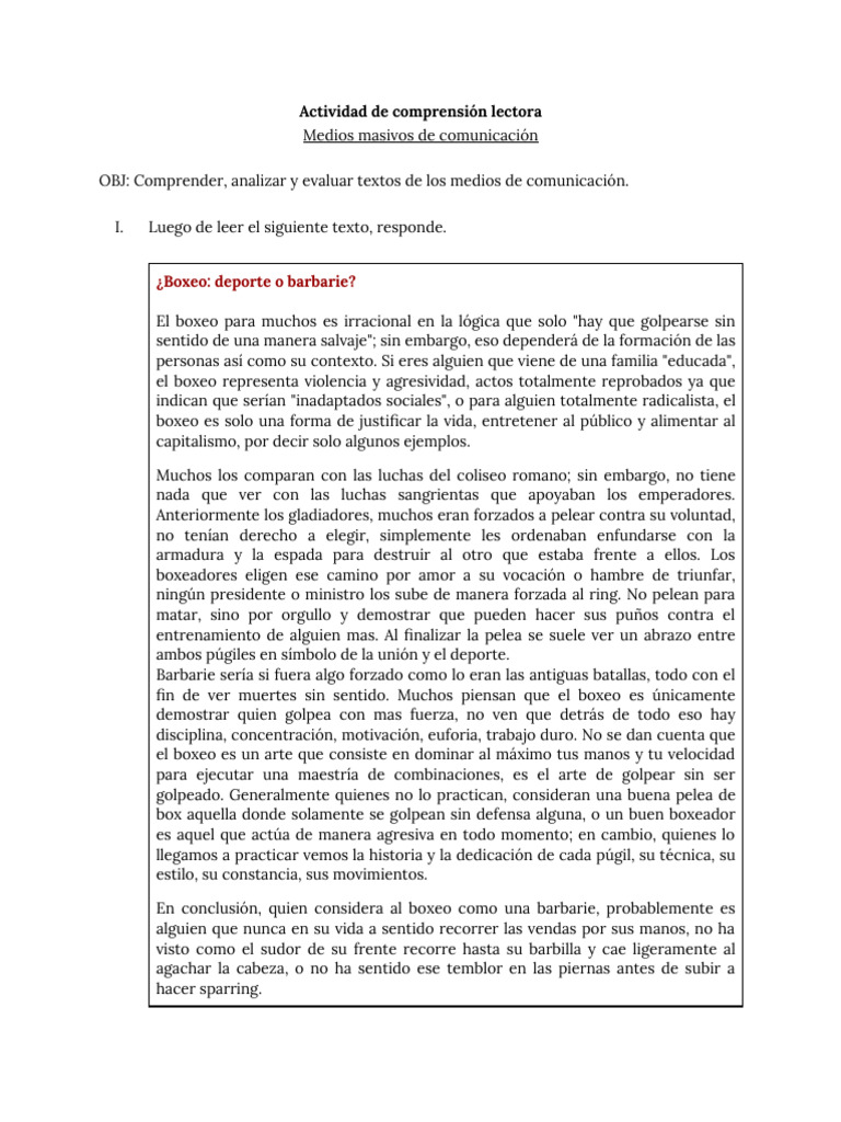 Actividad Comprensión Lectora 7mo Básico Pdf