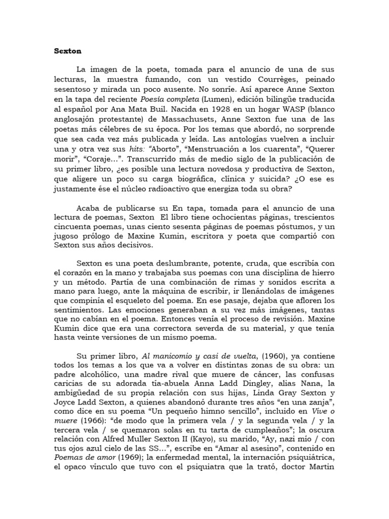 Anne Sexton: Poesía Cruda y Confesional | PDF