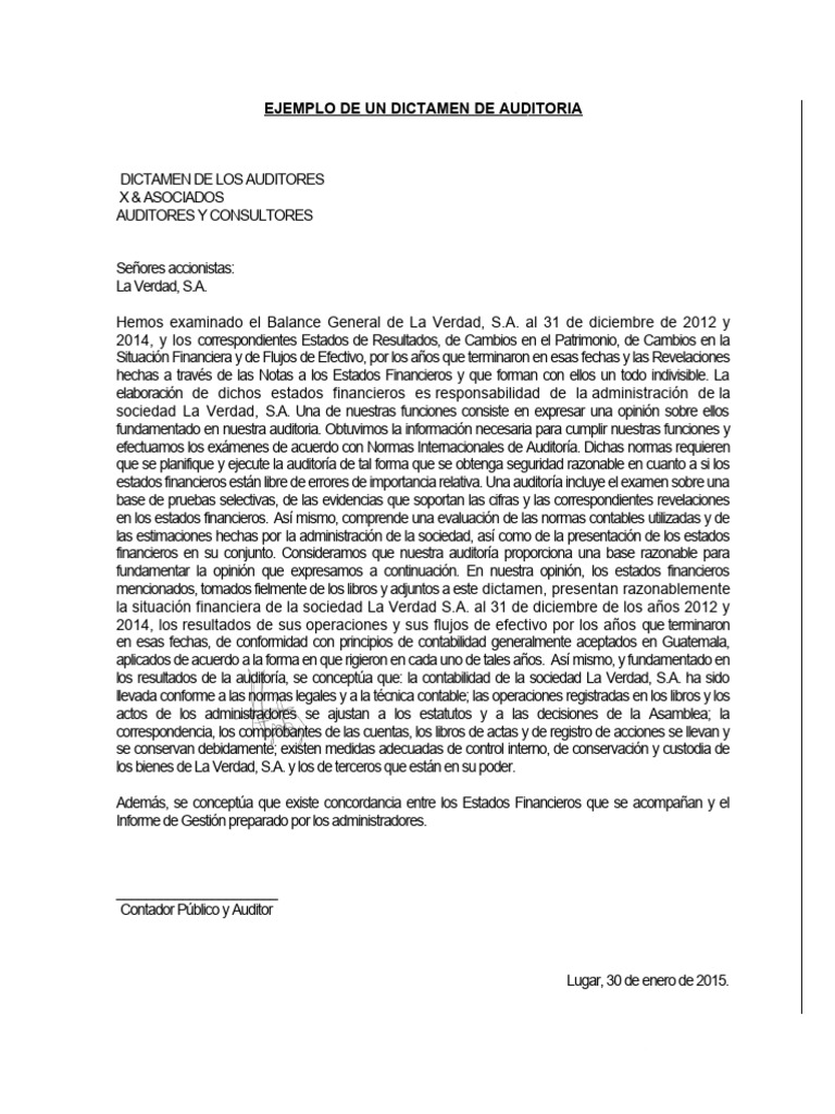 Ejemplo de Dictamen de Auditoría | PDF | Auditoría | Contabilidad